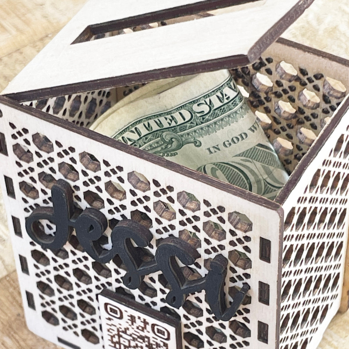 Personalized QR Code Digital and Cash Tip Box, Rattan Pattern Tip Disp ...